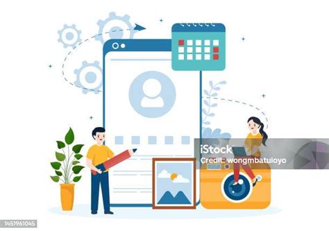 프로필 데이터 이력서 또는 자기 개선이 포함된 개인 포트폴리오는 평면 만화 손으로 그린 템플릿 일러스트레이션으로 고객과 고용주를 유치합니다 개념에 대한 스톡 벡터 아트 및