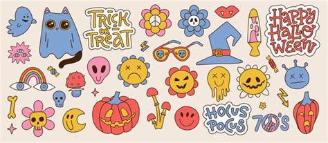 히피 디자인 꽃의 복고풍 그루비 스타일 사이키델릭 컬렉션에 설정된 그루비 할로윈 요소 프리미엄 벡터