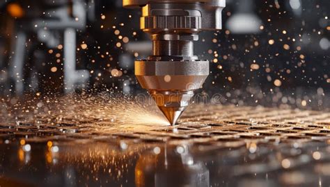 Cnc Router In Action Cutting Metal Sheet With Sparks Industrial