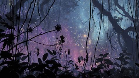 Tangled Jungle Silhouette With Exotic Foliage And Vines Set Against A