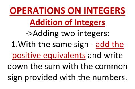 Integer Operations Addition Subtraction Multiplication Division