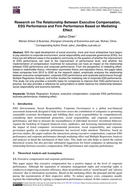Pdf Research On The Relationship Between Executive Compensation Esg Performance And Firm