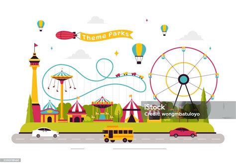 테마 파크 벡터 일러스트 레이 션은 관람차 재미있는 게임 부스 티켓 박스 및 배경에 무역 박람회 포장 마차가있는 놀이 공원을 특징으로합니다 Carnival에 대한 스톡 벡터