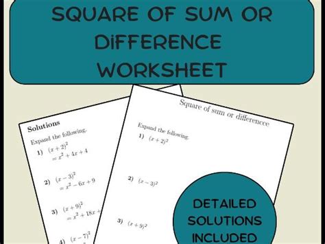 Square Of Sum Or Difference Worksheet With Solutions Teaching Resources