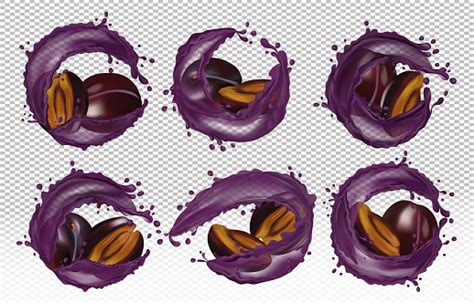 6 종류의 매화의 3d 아이콘 세트는 방울의 물보라에 배너 포스터 천연 생태 제품을 위한 디테일한 사실적인 신선한 매화를 수집합니다 신선한 매실 슬라이스 및 전체3d 벡터