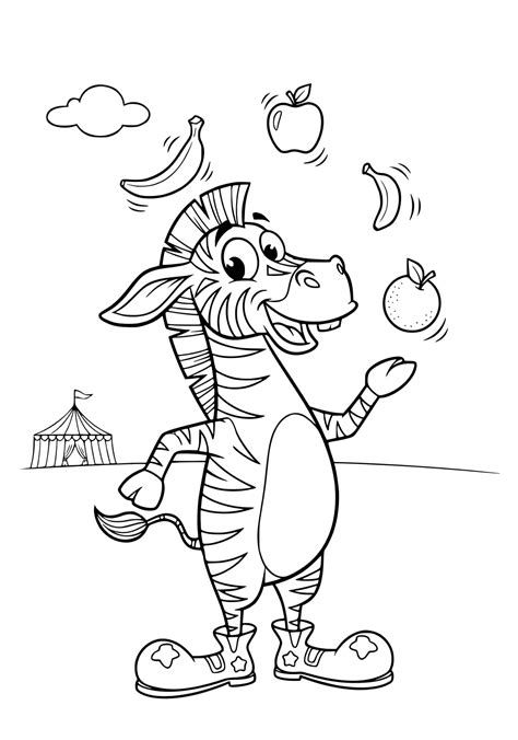 Cute Circus Zebra Juggling Fruit Printable Coloring Page Pdf