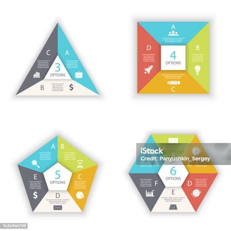 라운드 다이어그램 그래프 웹 디자인 및 차트에 대한 다각형 인포 그래픽 템플릿 3 4 5 6 단계 옵션 또는 프로세스가있는 비즈니스 개념 정사각형 구성에 대한 스톡 벡터