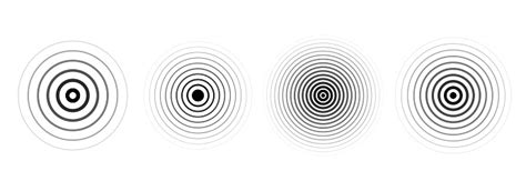 검은색 동심원 잔물결이 설정됩니다 선형 음파 링 컬렉션입니다 진원지 표적 레이더 수중 음파 탐지기 아이콘 개념 방사형 신호 또는 진동 요소 하프톤 벡터 그림 충격파에 대한