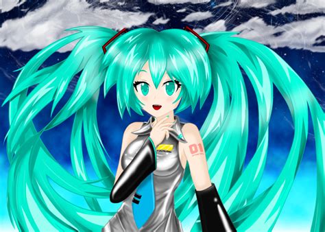 Safebooru 1girl Aqua Eyes Aqua Hair Bare Shoulders Breasts Clouds