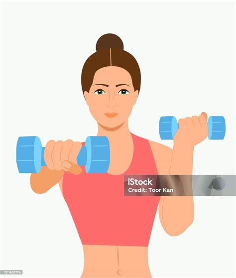 피트니스 운동을하는 여자 아령을 가진 예쁜 피트니스 소녀 아령을 들고 운동 여자 아름다운 체육관 소녀 홀링 에이 아령 벡터 일러스트 건강한 생활방식에 대한 스톡 벡터 아트