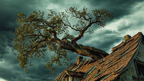 Abandoned House With Tree Growing Through Roof Under Stormy Sky