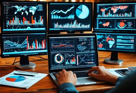 Analyst Reviews Data On Multiple Screens Focusing On Charts And Maps