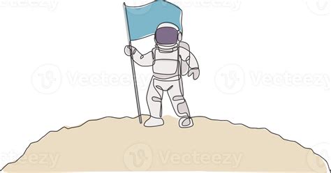 One Single Line Drawing Of Space Man Astronaut Exploring Moon Surface And Planting The Flag To