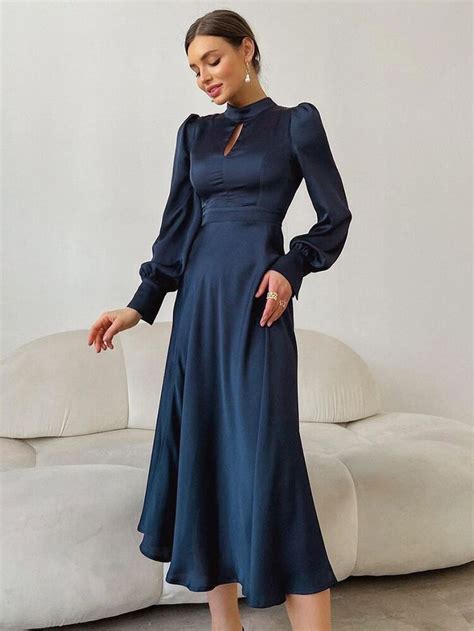 Yipinpay Elegant Evening Dresses Navy Hollow Out Woman Satin Midi Party