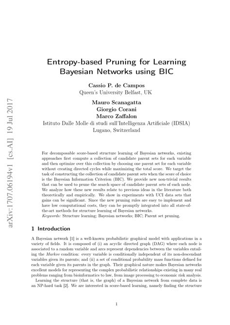 Pdf Entropy Based Pruning For Learning Bayesian Networks Using Bic