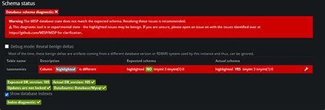 Support Warning For The Database Schema Diagnostic Status Issue