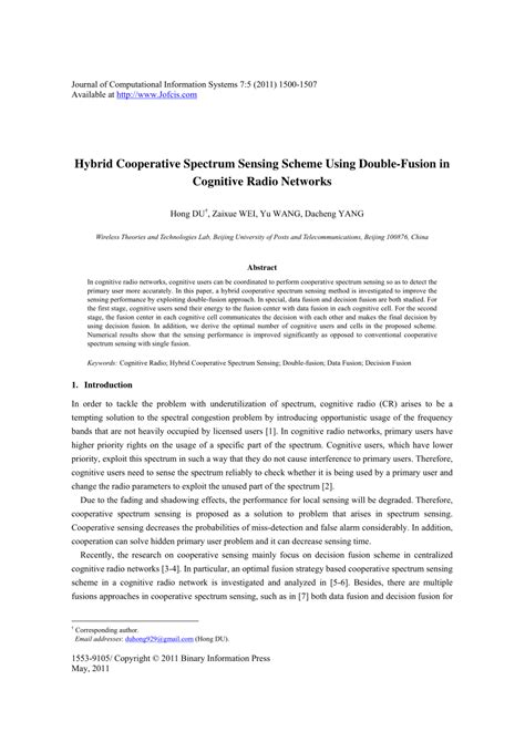 Pdf Hybrid Cooperative Spectrum Sensing Scheme Using Double Fusion In Cognitive Radio Networks