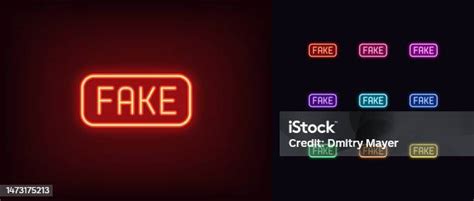 개요 네온 가짜 아이콘 세트입니다 빛나는 네온 가짜 텍스트 기호와 태그 위조 픽토그램 위조 및 사기 가짜 정보 허위 사실 허위