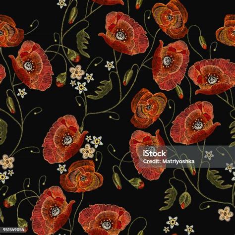 원활한 자 수 붉은 양 귀 비 아름 다운 꽃 패턴 장식 꽃 자 수 우아한 꽃 양 귀 비 패턴 벡터 0명에 대한 스톡 벡터 아트 및 기타 이미지 Istock