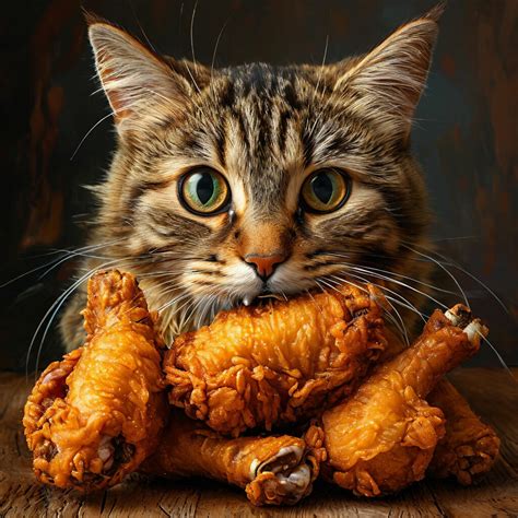 Cat Chews Fried Chicken Big Eyes Funny High Detailing High Resolution