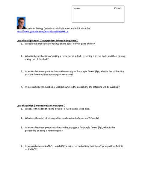 Math Addition Rules And Multiplication Rules For Probability Worksheet Free Printable