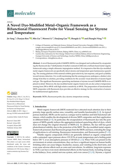 Pdf A Novel Dye Modified Metal Organic Framework As A Bifunctional Fluorescent Probe For