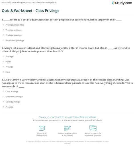 Quiz And Worksheet Class Privilege Quiz And Worksheet Class Privilege