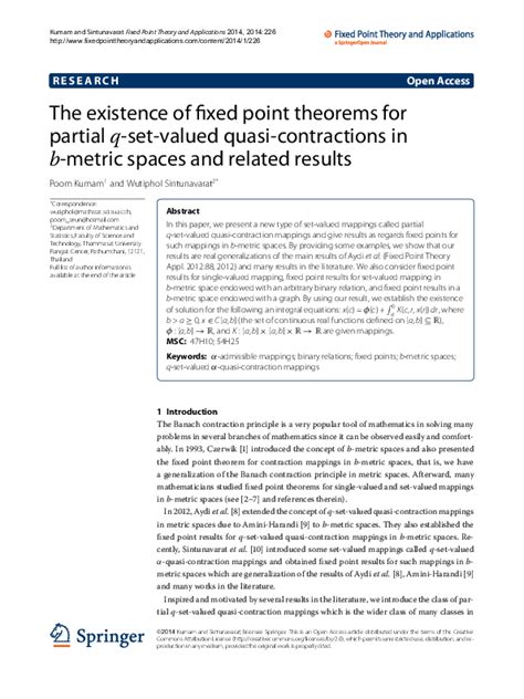 Pdf The Existence Of Fixed Point Theorems For Partial Q Set Valued Quasi Contractions In B