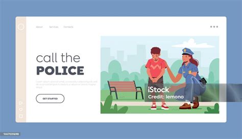 어린이는 공공 장소 방문 페이지 템플릿에서 길을 잃습니다 도시 공원에서 우는 무서워하는 아기 경찰관은 아이에게 도움을 준다 가족에 대한 스톡 벡터 아트 및 기타 이미지