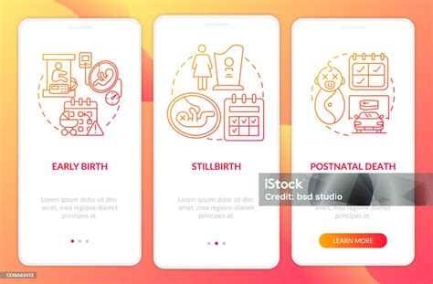 출산 휴가 자격 케이스 빨간 그라데이션 온보딩 모바일 앱 페이지 화면 Brand Name Smart Phone에 대한 스톡 벡터