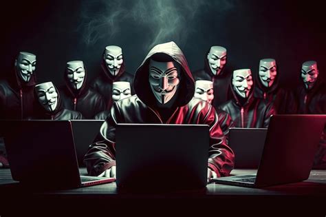 Premium Ai Image Anonymous Hackers Without Face Sitting At Laptops And Computers Hacker Group