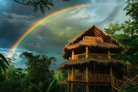 Paysage Avec Un Arc En Ciel Coloré Apparaissant Dans Le Ciel Photo