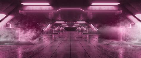 연기 자외선 핑크 미래 삼각형 외계인 우주선 네온 빛나는 어두운 긴 큰 홀 복도 터널 그런 지 콘크리트 반사 타일 바닥 게이츠 빈 공간 3d 렌더링 0명에 대한 스톡 사진