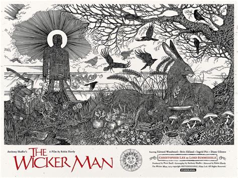 The Wicker Man Poster With An Image Of Rabbits And Birds Flying Over It In Black And White