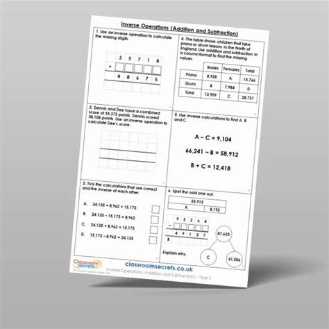 Year 5 Inverse Operations Addition And Subtraction Varied Fluency Resource Classroom Secrets
