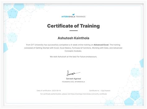 Completion Of Advanced Excel Course With Internshala Ashutosh