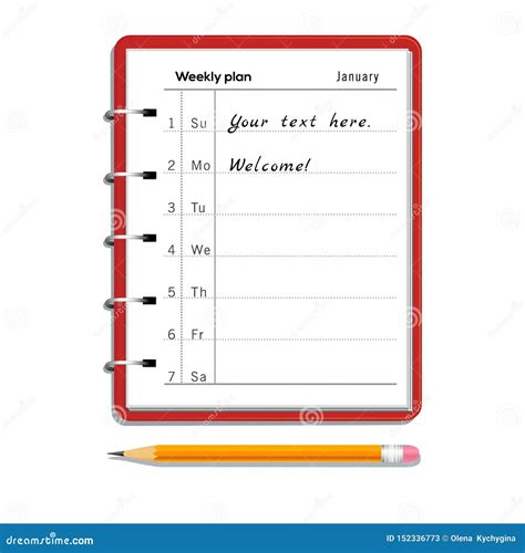 Weekly Planner Notebook With Text And Pencil With Eraser Isolated On