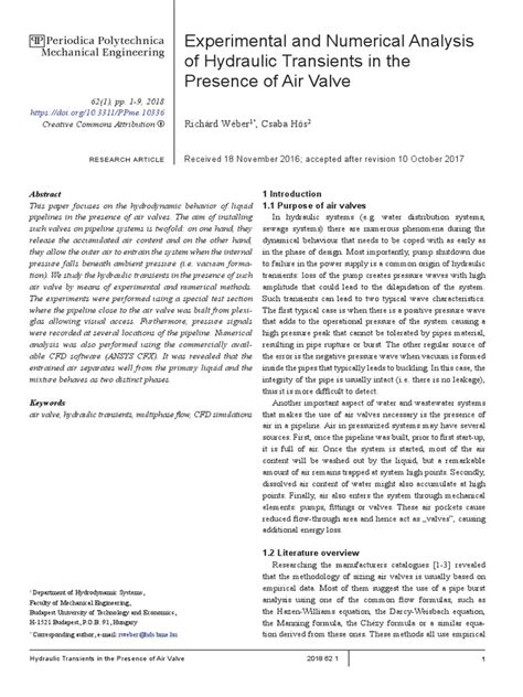 Experimental And Numerical Analysis Of Hydraulic Transients In The Presence Of Air Valve Pdf