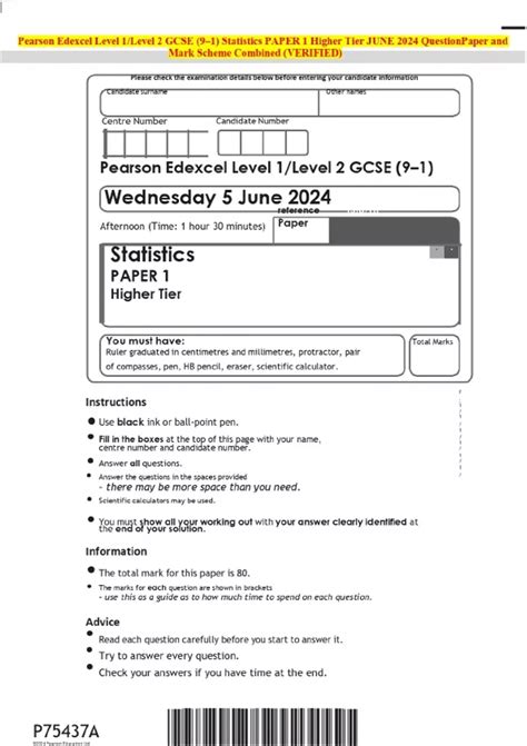 Pearson Edexcel Level 1 Level 2 Gcse 9 1 Statistics Paper 1 Higher Tier June 2024