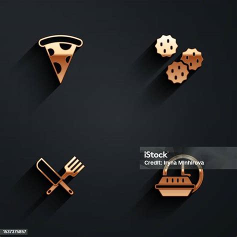 피자 조각 쿠키 또는 비스킷 교차 나이프 및 포크 및 긴 그림자가 있는 시계 배달 아이콘을 둥글게 설정합니다 벡터 그림자에 대한 스톡 벡터 아트 및 기타 이미지 Istock