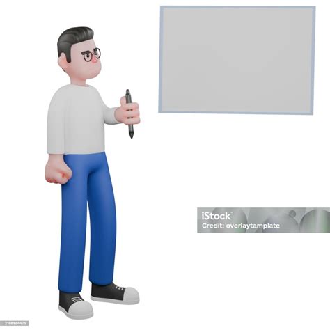 만화 캐릭터 3d 모델 비디오 편집기 디자인 한 남성 비디오 편집자가 왼손에는 펜을 들고 오른손은 꽉 쥔 화이트보드 옆에 서 있다 일러스트레이션 디자인 3차원 형태에 대한