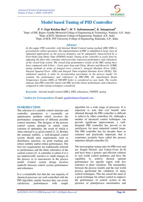 Pdf Model Based Tuning Of Pid Controller