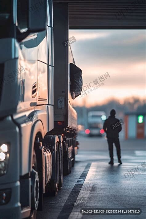 Ai创作图交通运输物流 交通运输物流快递 晚上运输 开着车灯的卡车 服务区大货车 整车物流 道路物流 行走大车 卡车出行 马路卡车 马路上的货车 车辆物流 长途货运 车载运输码头物流 货车帮