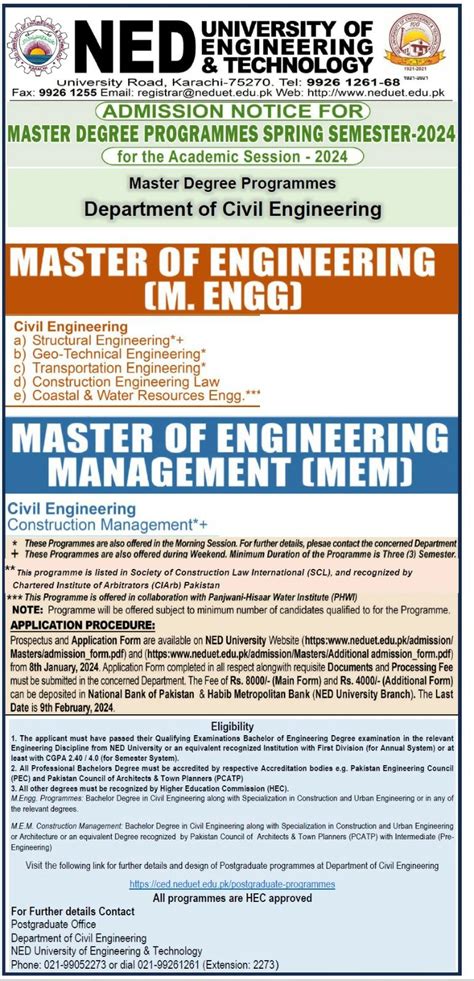 Postgraduate Admissions In Programmes Offered By The Department Of Civil Engineerung Ned