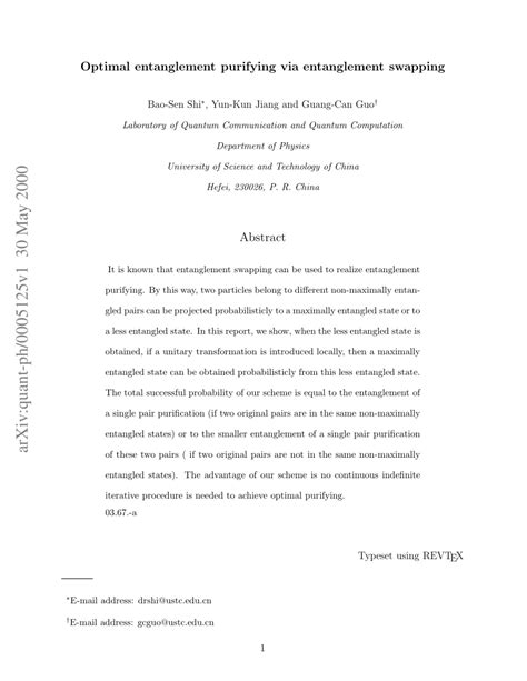 Pdf Optimal Entanglement Purification Via Entanglement Swapping