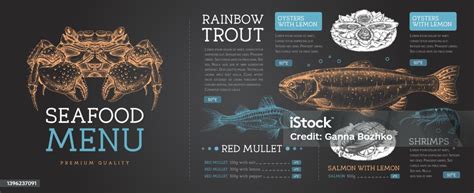 손으로 그리는 물고기와 함께 해산물 레스토랑 메뉴 디자인을 그리는 초크 벡터 일러스트 레이 션 갈고리 발톱에 대한 스톡 벡터