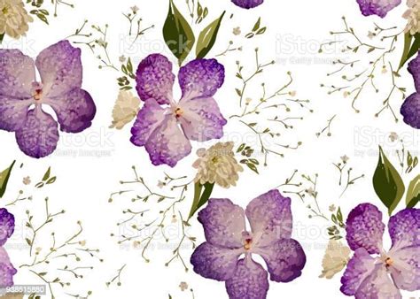 꽃 디자인 원활한 무늬입니다 야생의 꽃 잎 및 식물 손으로 그린 자주색 난초 벡터 일러스트 레이 션 섬유 포장 직물 인쇄 Scrapbooking 0명에 대한 스톡 벡터 아트