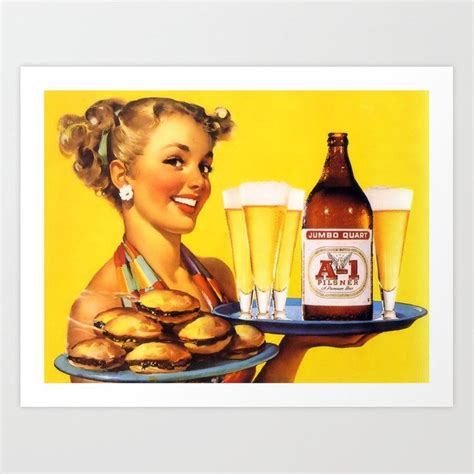 Pin Up Girl Waitress With Hamburgers And Beer Art Print By Retro Roxie Artofit
