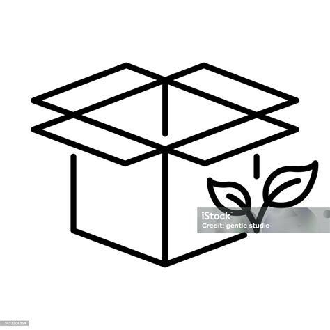 배달 라인 아이콘을위한 유기 바이오 상자 잎 선형 픽토그램이있는 생태 재활용 패키지 천연 에코 재활용 골판지 팩 개요 아이콘 편집 가능한 스트로크 격리된 벡터 일러스트 레이