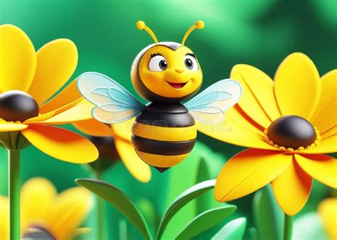 Cute Cartoon Bee Collects Pollen On Flower On A Bright Sunny Day Stock